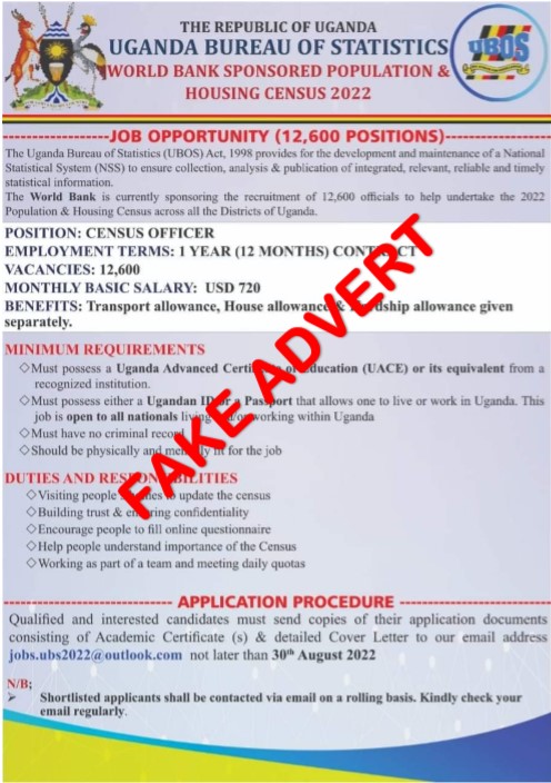 Public Notice - Fake Census Job Advert - Uganda Bureau of Statistics